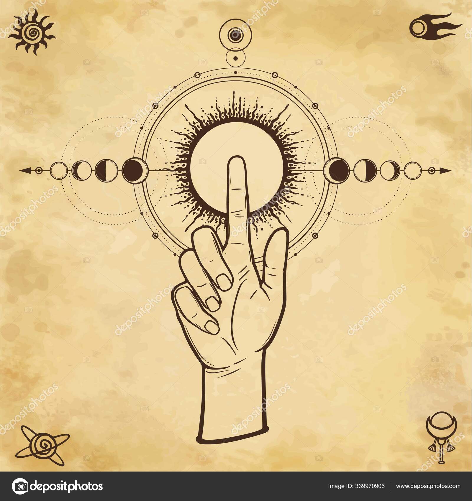 Desenho Místico Mão Humana Aponta Para Sol Símbolos Cósmicos Fases ...