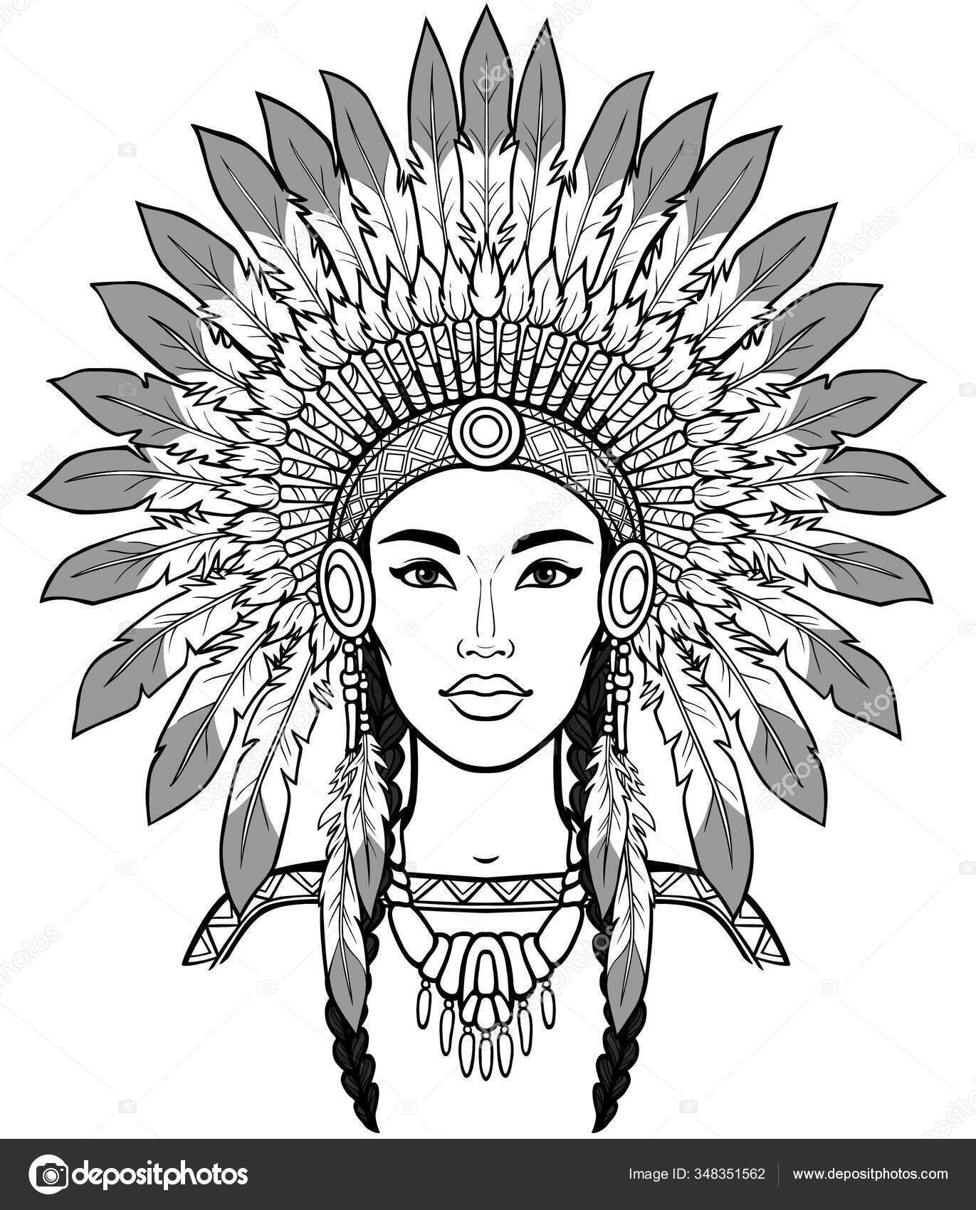 Animation Portrait Beautiful American Indian Woman Ancient Head Dress ...