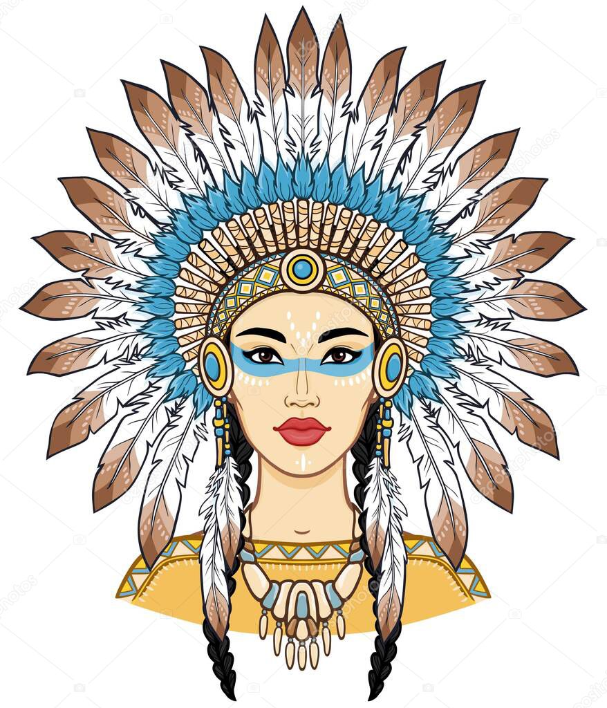 Retrato de animación de una hermosa mujer india americana en vestido de ...