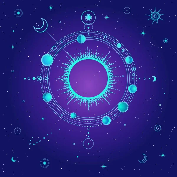 Mystical Drawing Sun System Moon Phases Orbits Planets Energy Circle ...