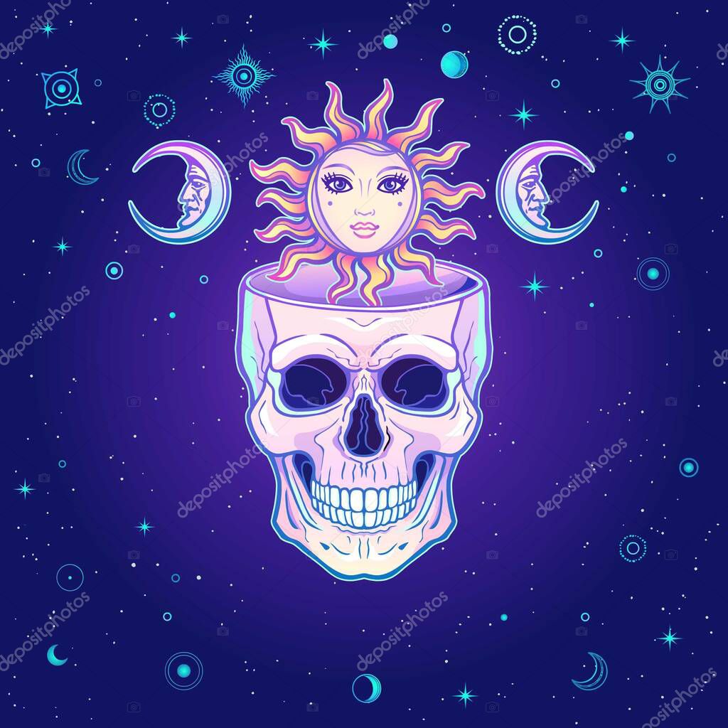 Dibujo místico: sol y luna dentro del cráneo humano. Estrellas ...