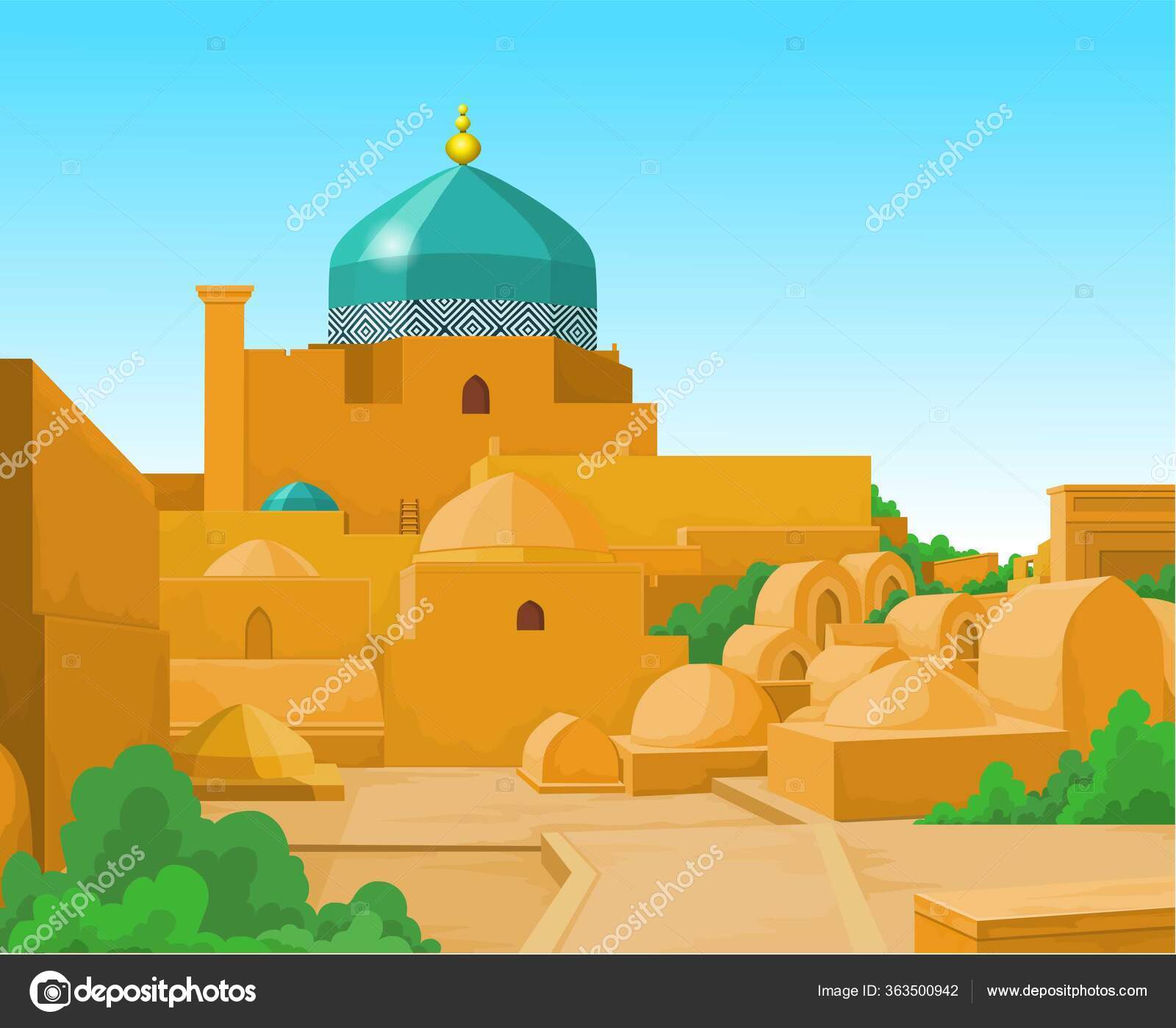 Animation Colorful Landscape Ancient Palace Towers Yard Middle Asia ...