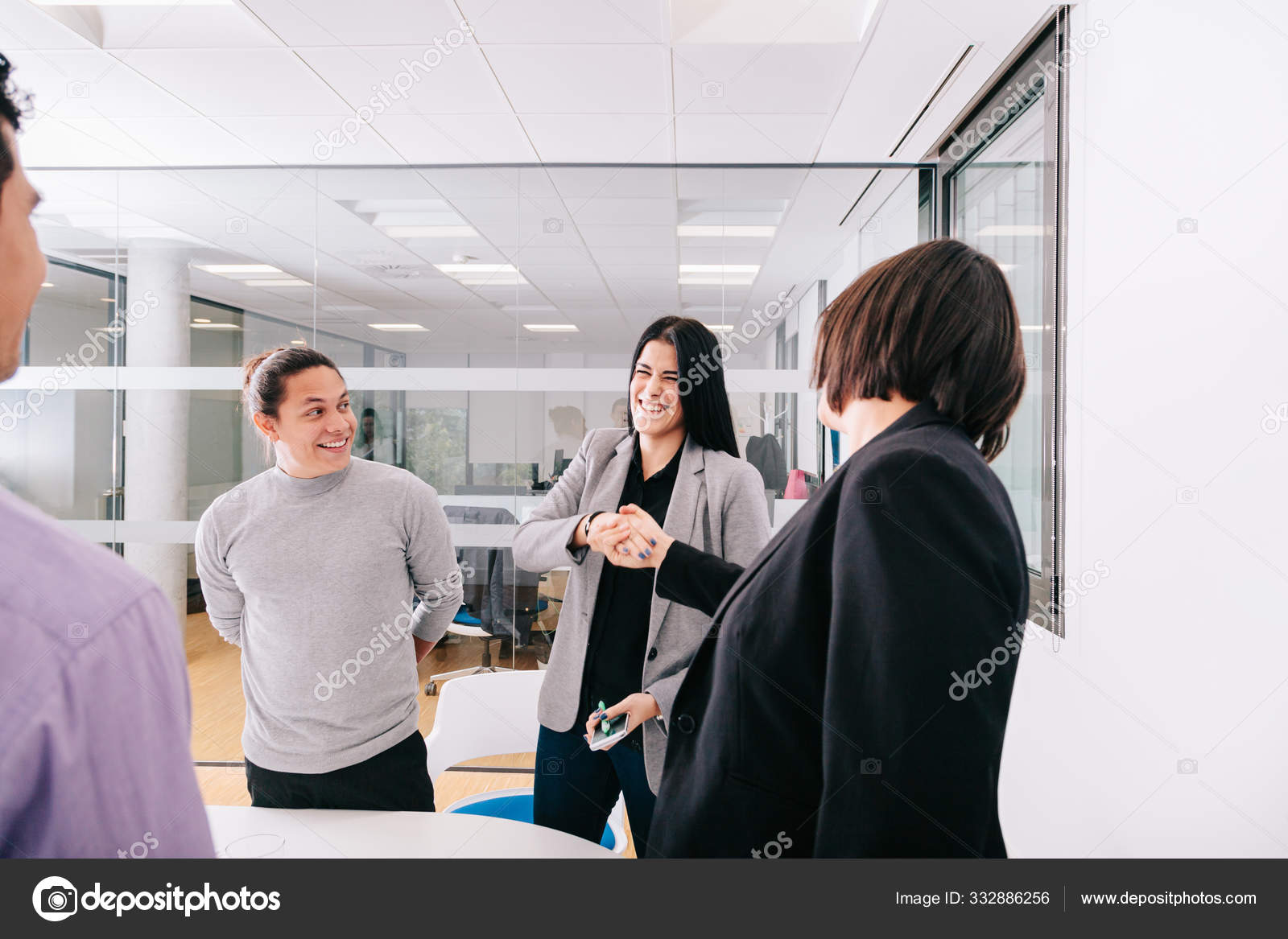 Group of office workers shaking hands with their boss — Stock Photo ...