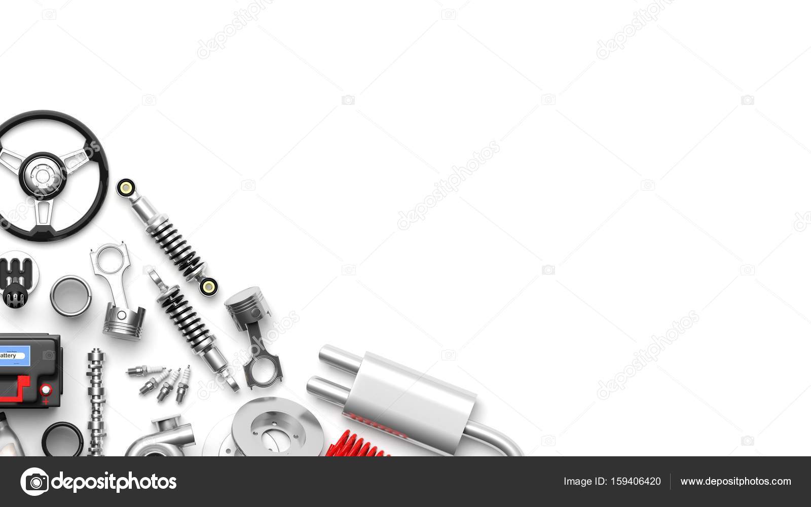 Various car parts and accessories on white background. 3d illustration ...
