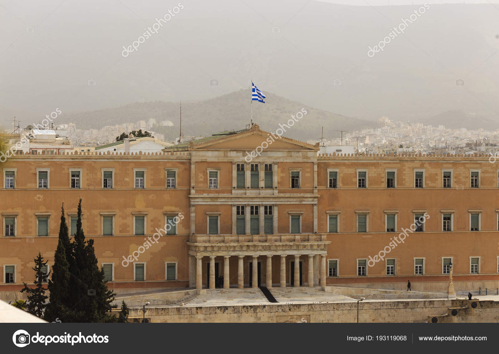 Greece, Athens pollution. Unhealthy grey smog over parliament at ...