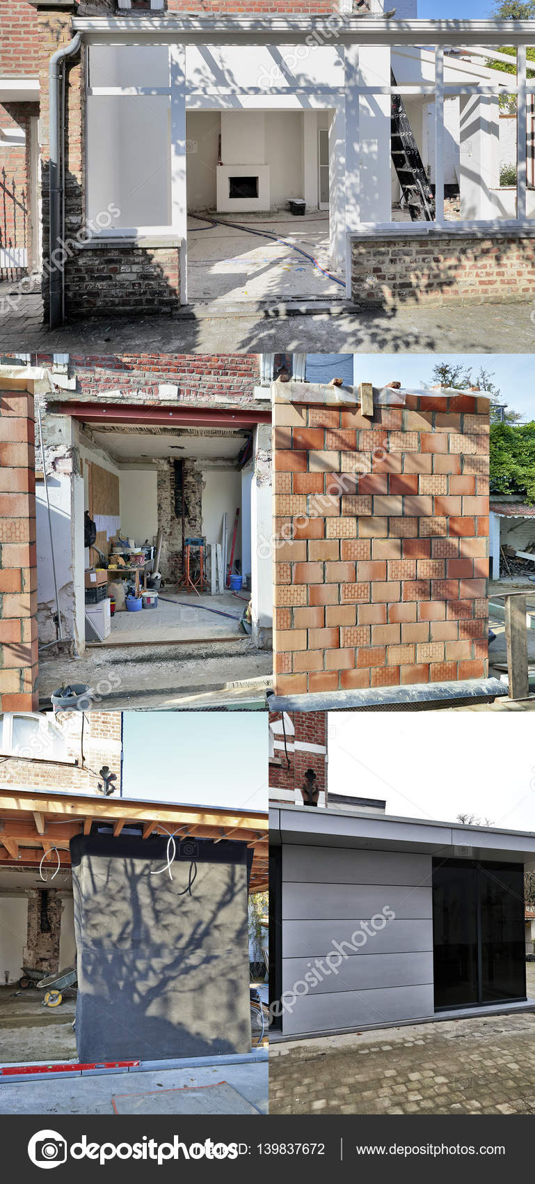 Four steps of construction - New modern extension of a house — Stock ...