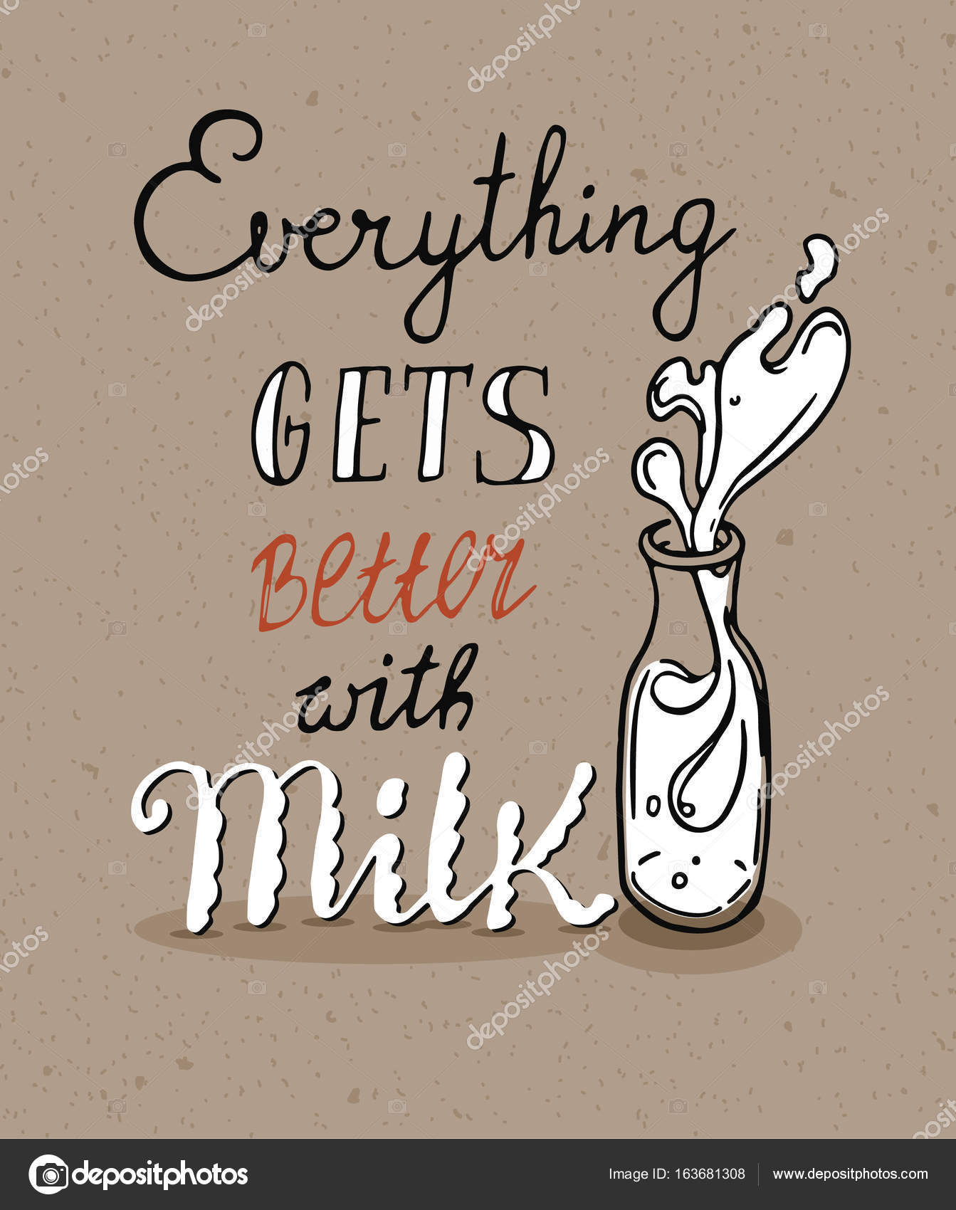 Hand-drawn image of milk bottle with milk splashes. Handwritten text ...