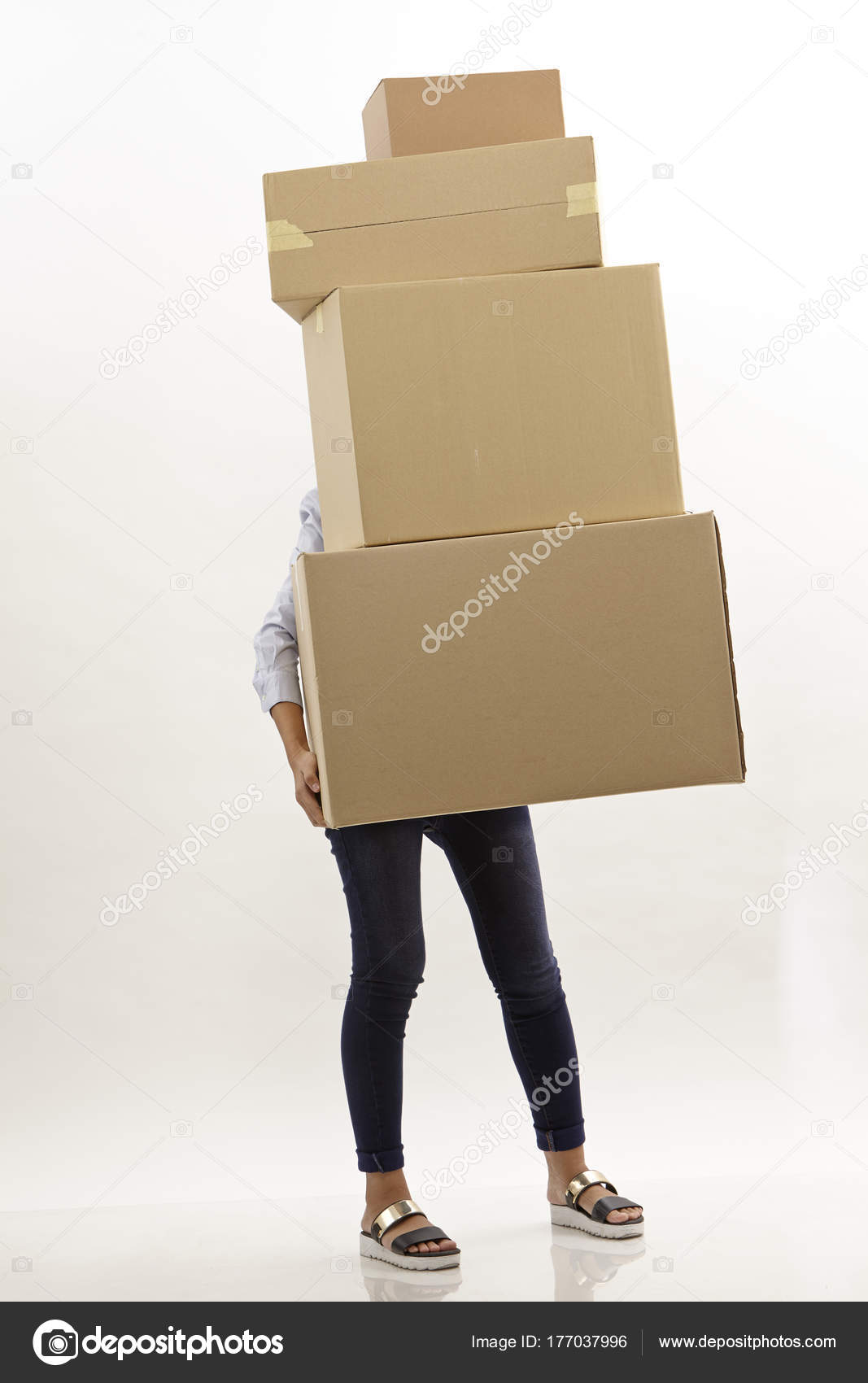 Woman Carring Stack Brown Boxes She Hiding Boxes Stock Photo by ...