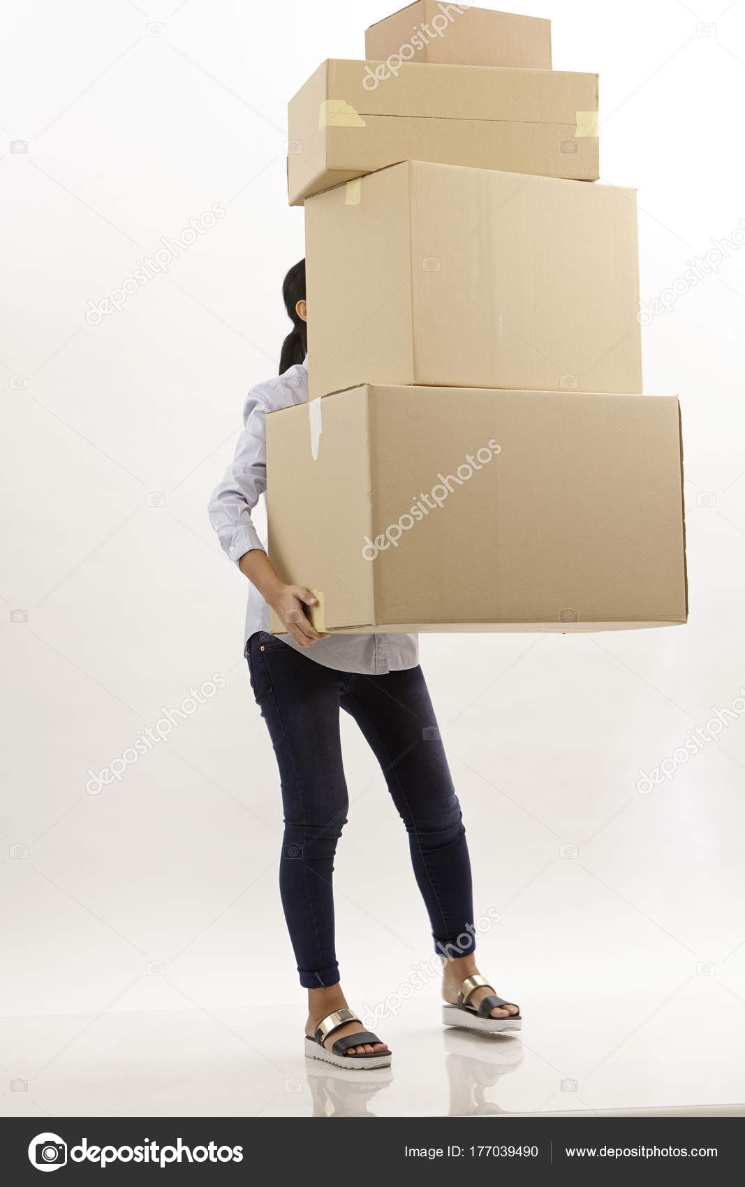 Woman Carring Stack Brown Boxes She Hiding Boxes Stock Photo by ...