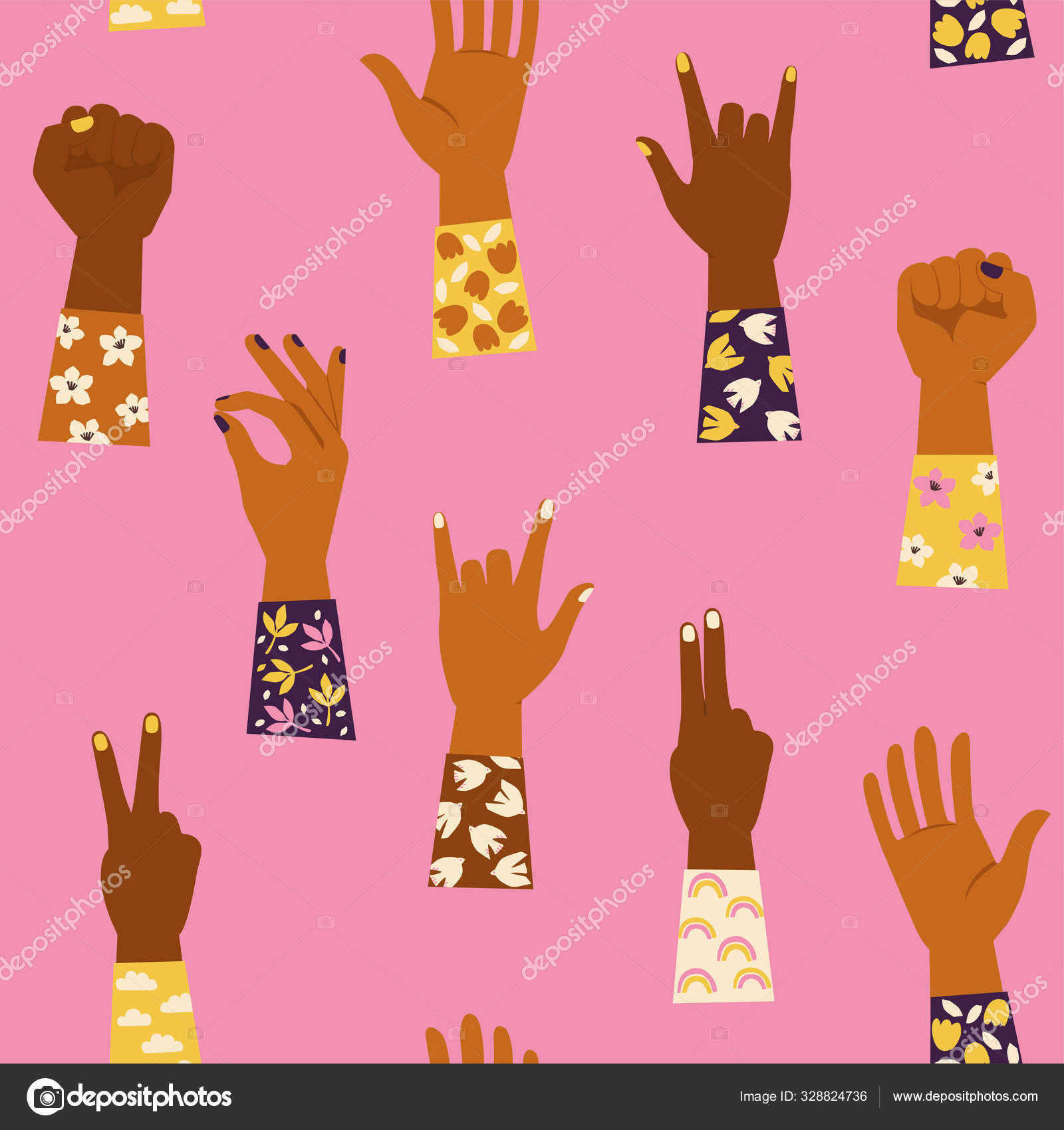 Mujeres manos con el puño levantado y con varios gestos de manos. Girl ...