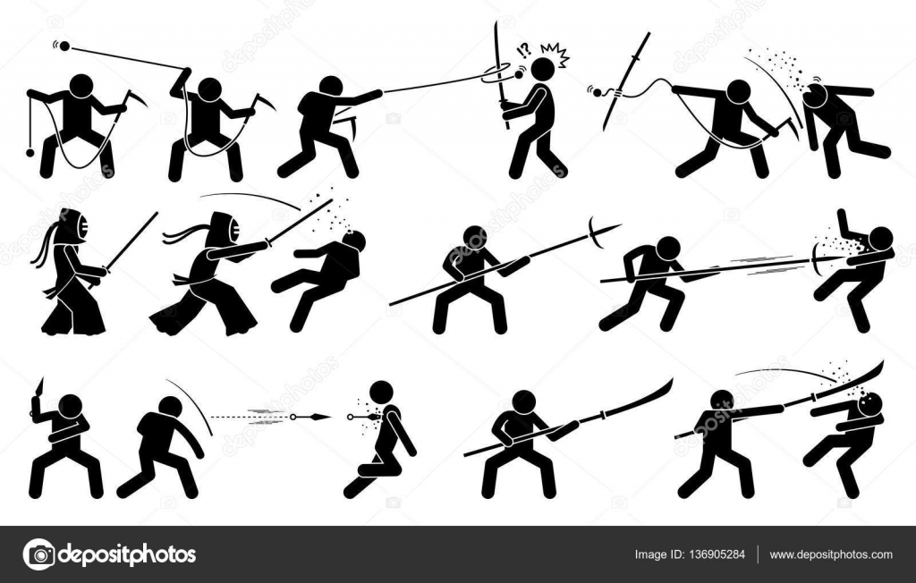 Man attacking opponent with traditional Japanese melee fighting weapons ...