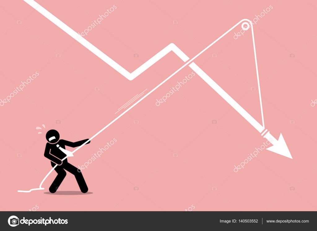 Businessman pulling a falling arrow graph chart from further dropping ...
