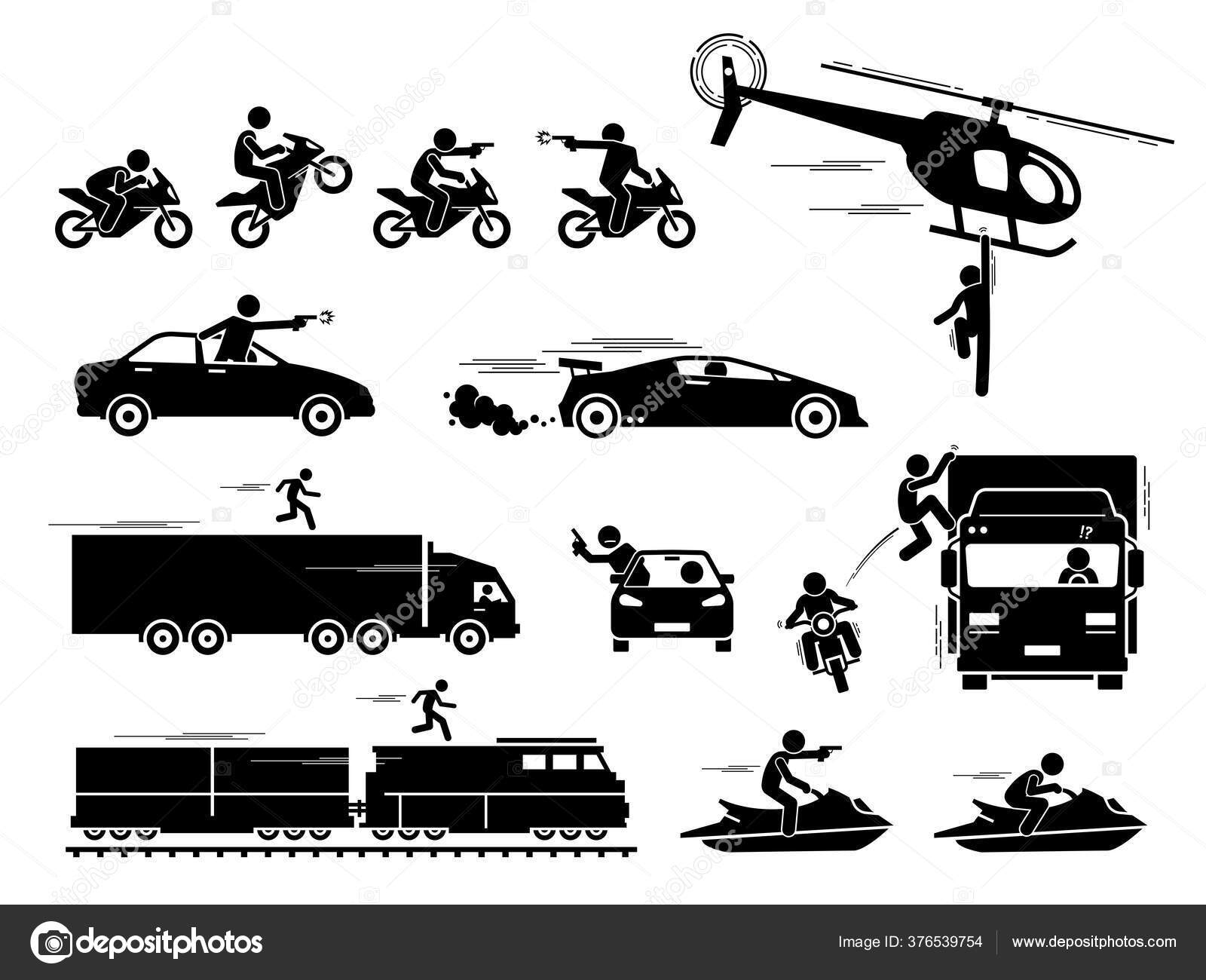 Movie Action Hero Car Motorcycle Chase Scene Vector People Chasing ...