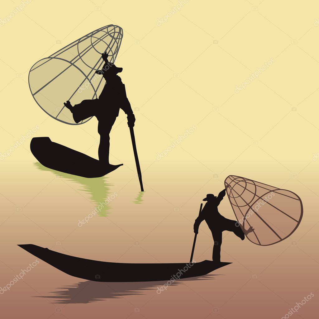Vector, silueta del pescador en el estado de Inle lake shan Myanmar 2024