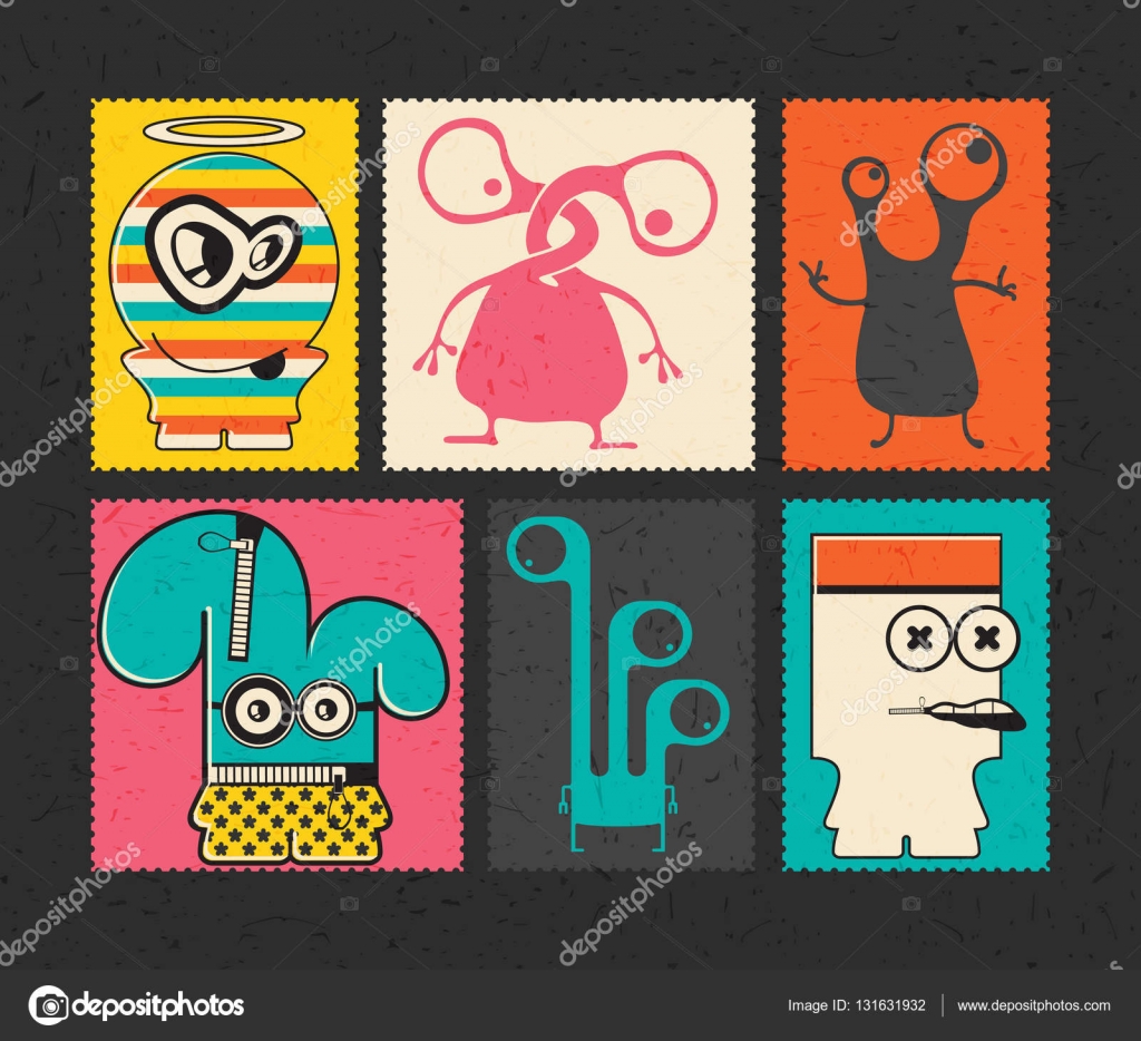 Set of retro postage`s stamp with funny monsters on different color ...
