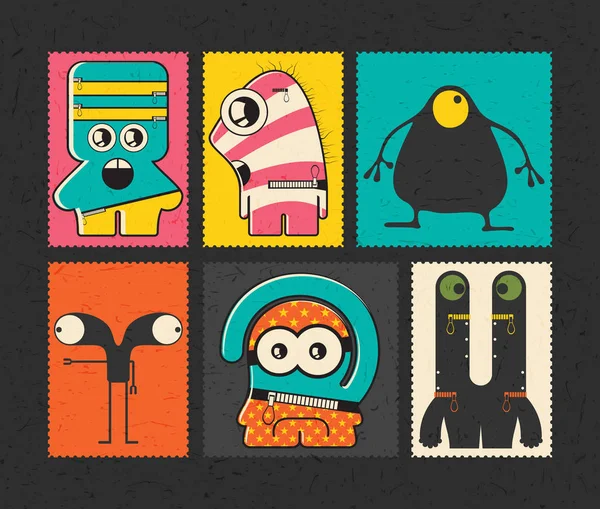 Set of six retro postage`s stamp with funny monsters on different color ...