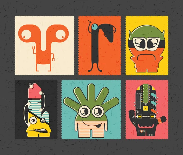 Set of six retro postage`s stamp with funny monsters on different color ...