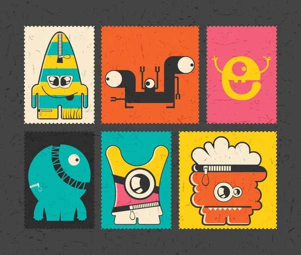 Set Six Retro Postage Stamp Funny Monsters Different Color Background ...