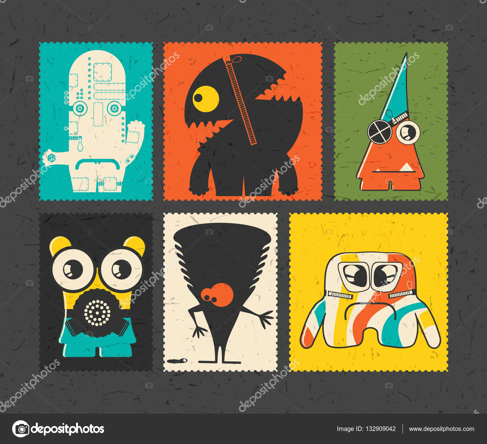 Set of six retro postage`s stamp with funny monsters on different color ...