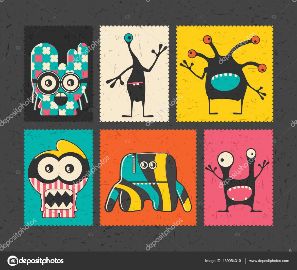 Set of six retro postage`s stamp with funny monsters on different color ...