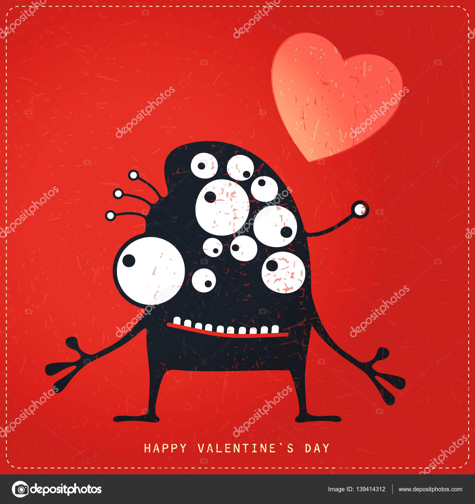Cute Monster with emotions and heart on retro red grunge background ...