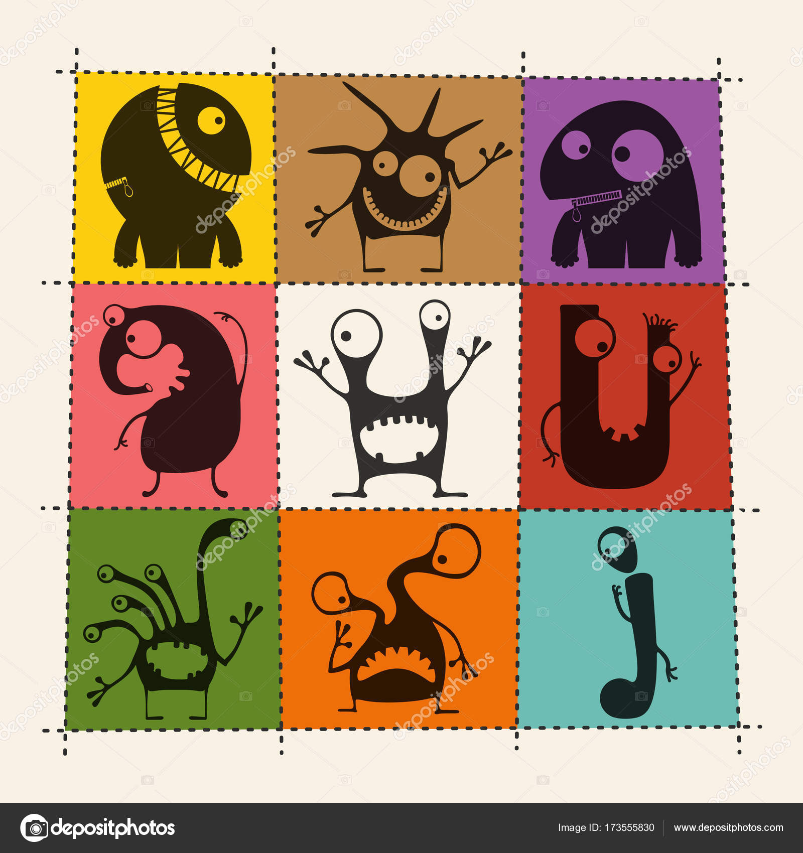 Set dari sembilan monster hitam lucu dengan emosi di latar belakang ...