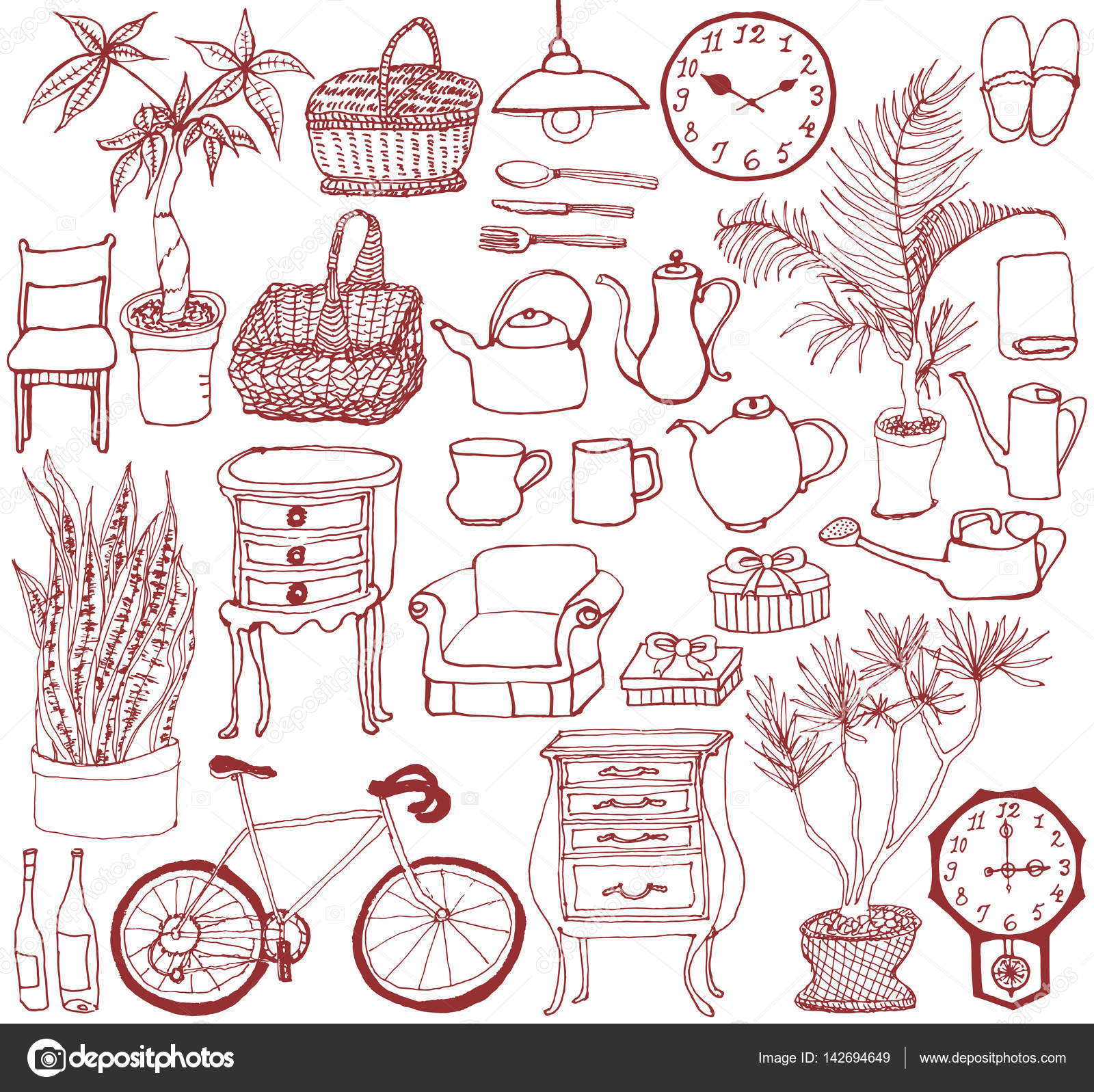 Set of interior goods. hand drawn illustrations. Stock Vector Image by ...