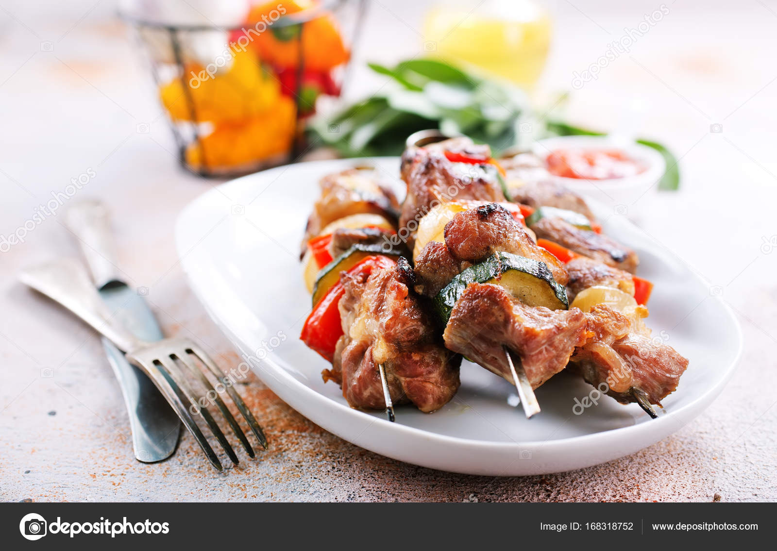 Skewers with meat and vegetables — Stock Photo © tycoon #168318752 Skewers with meat and vegetables — Stock Photo © tycoon #168318752