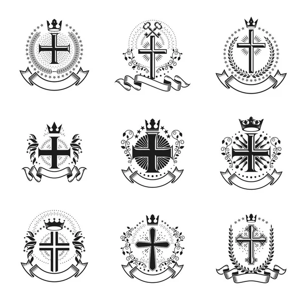 Crosses Religious Emblems Set Heraldic Coat Arms Vintage Vector Logos ...