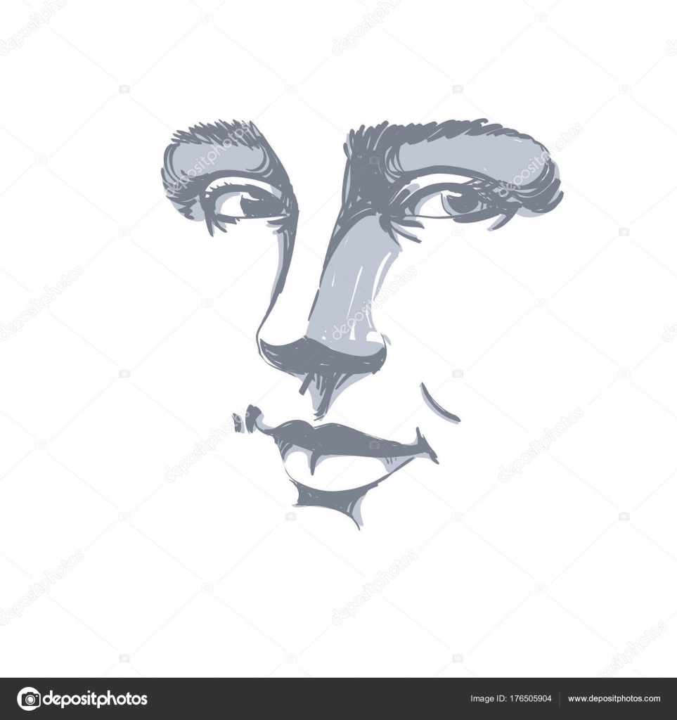 Black White Vector Hand Drawn Portrait White Skin Flirting Woman Stock