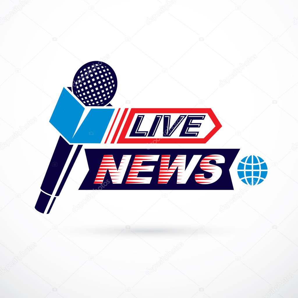 Logo conceptual de reportaje en vivo con equipo de micrófonos sobre ...