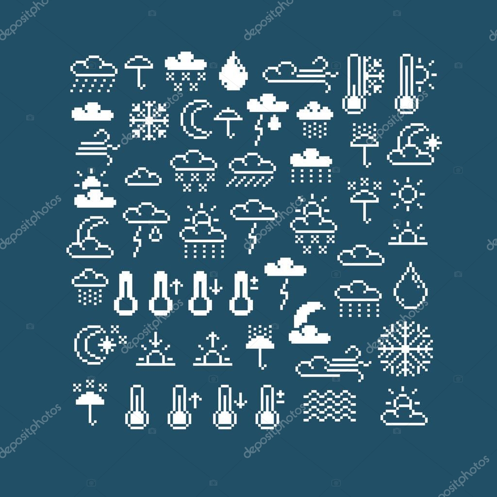 Vector plano 8 bits iconos meteorología, colección de geomet simple 2023