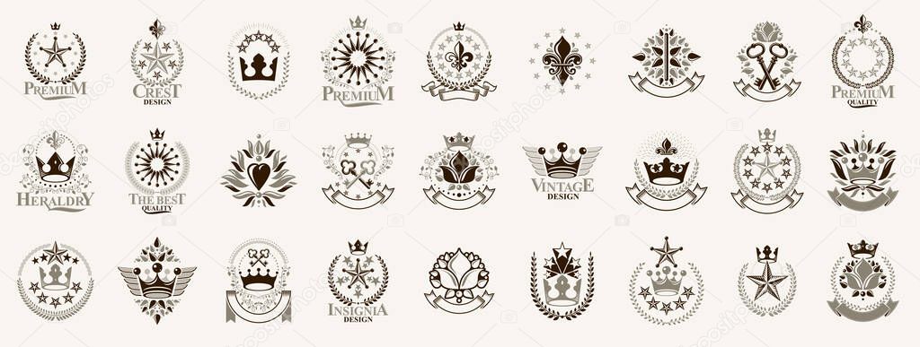 Escudo de armas heráldico con coronas y estrellas vector gran conjunto, antiguas insignias ...