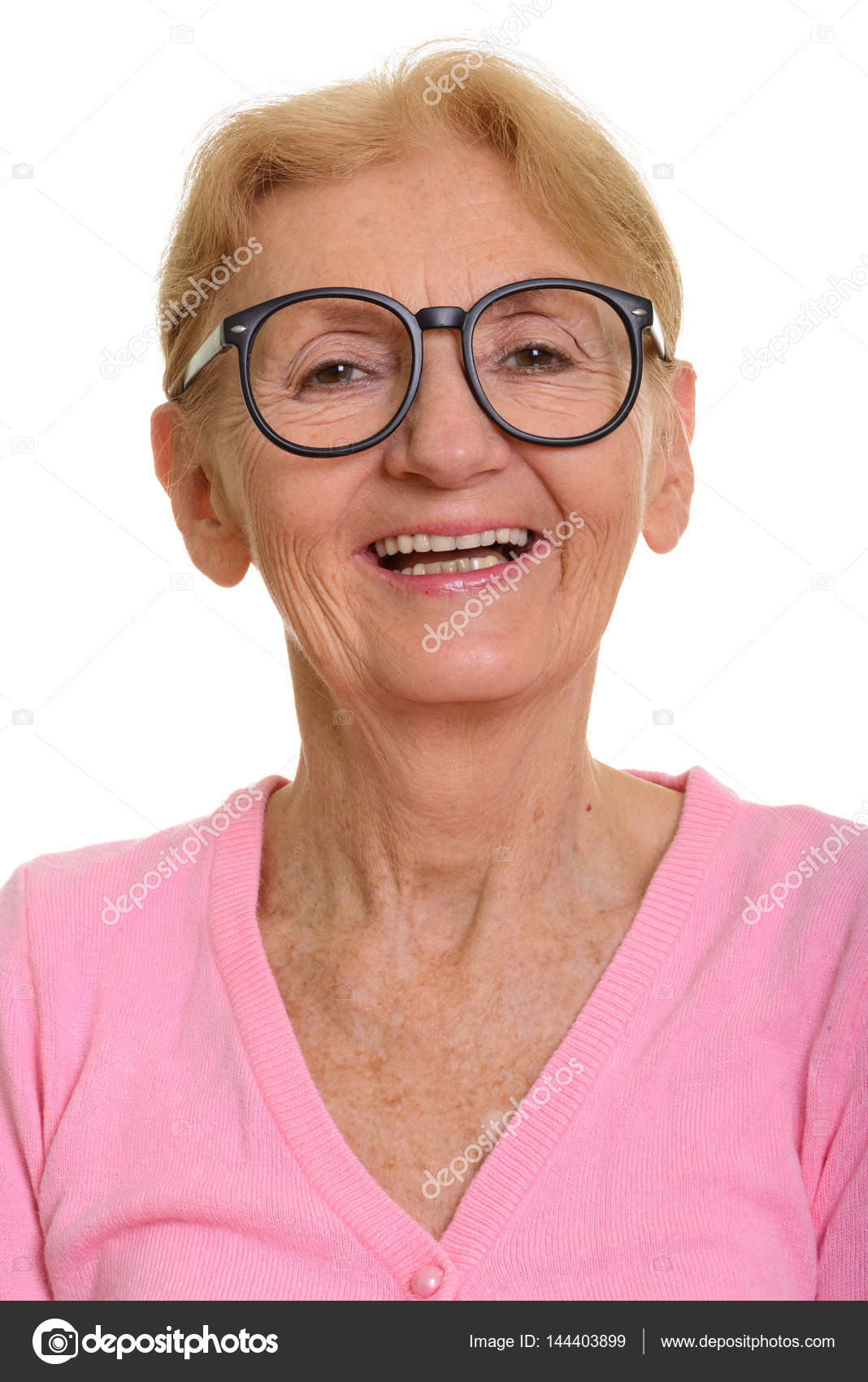 Face Happy Senior Nerd Woman Smiling While Wearing Geeky Eyeglasses ...