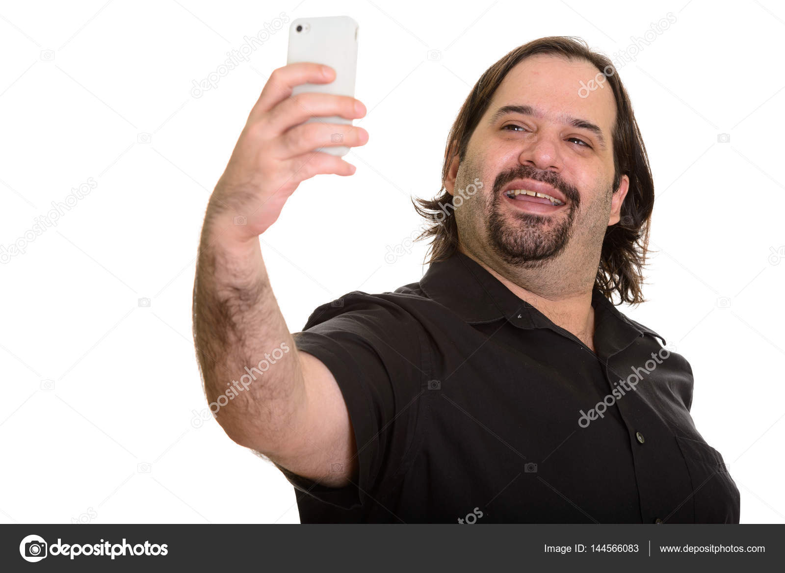 Happy fat Caucasian man smiling while taking selfie with mobile — Stock ...