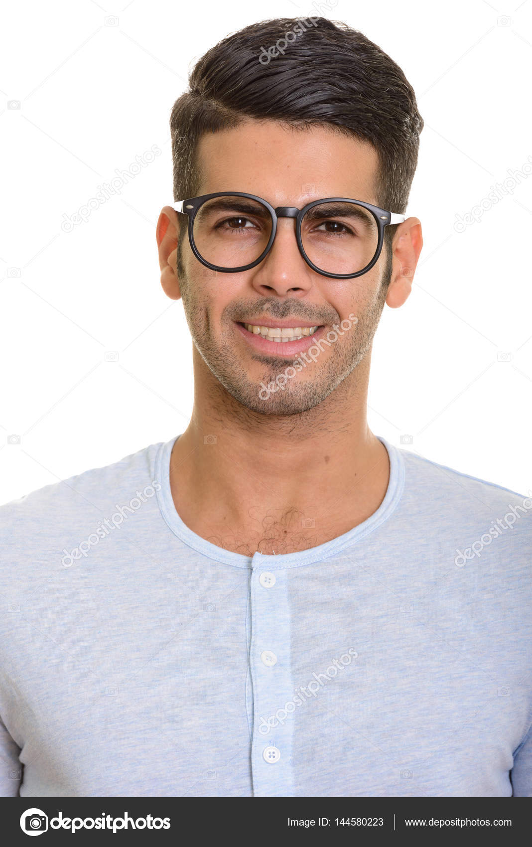 Face of young happy Persian man smiling with eyeglasses — Stock Photo ...