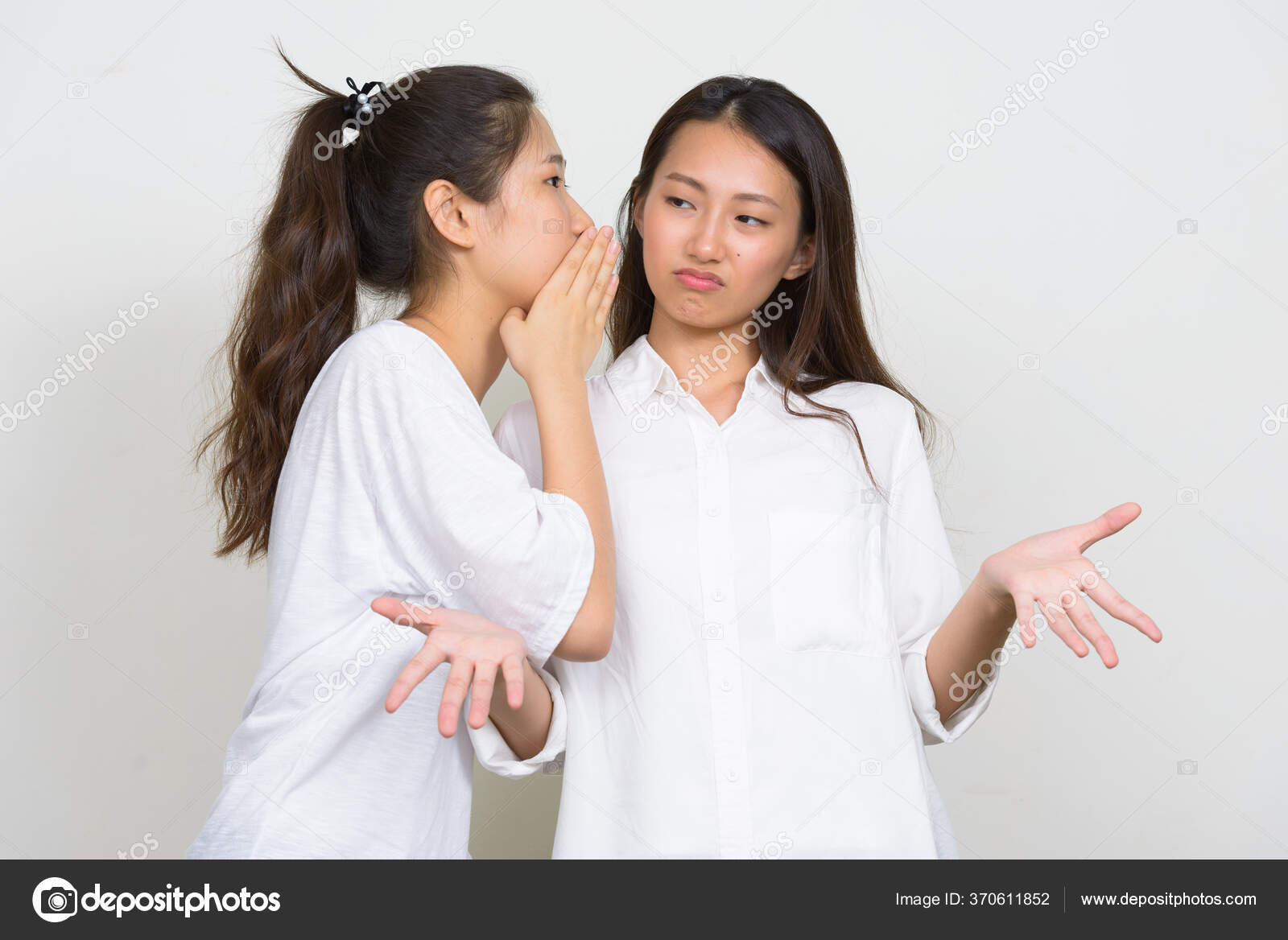 Studio Shot Two Young Beautiful Korean Women Friends Together White ...