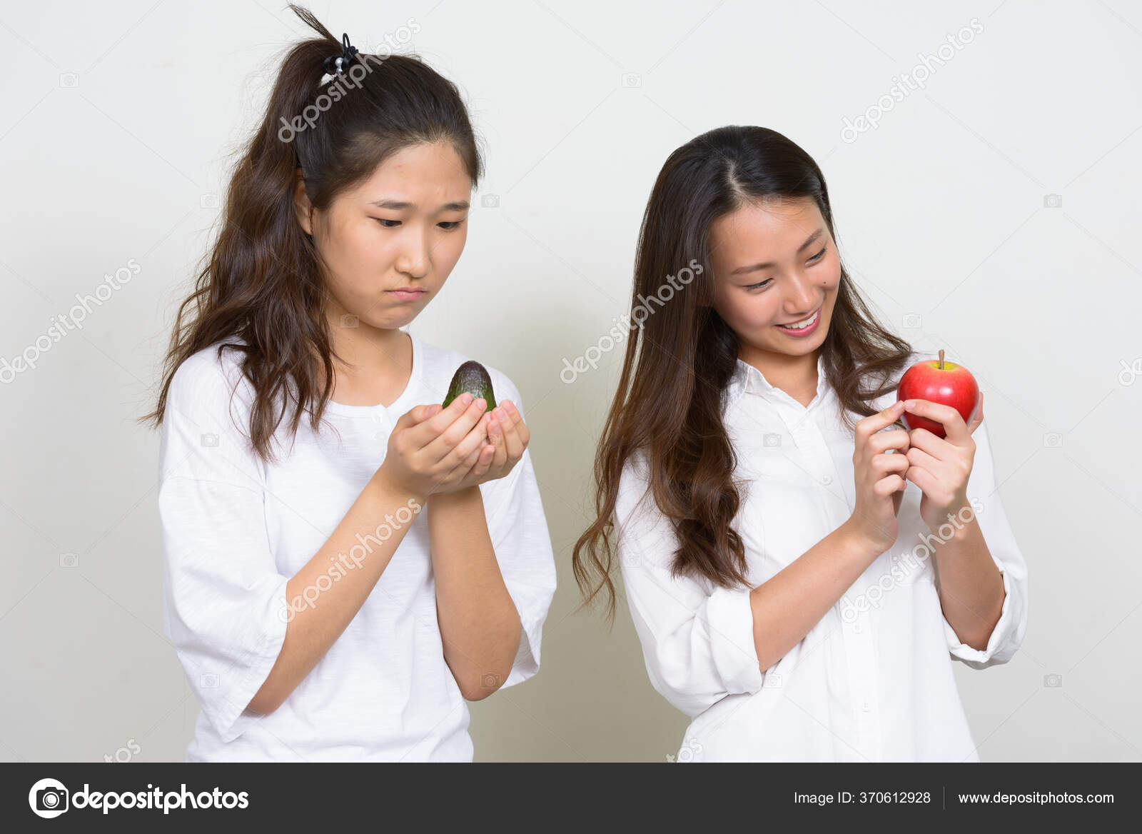 Studio Shot Two Young Beautiful Korean Women Friends Together White ...