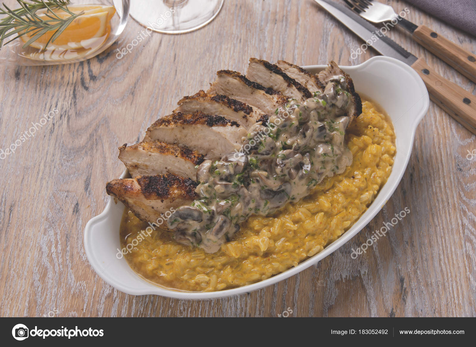 Rice Risotto Curry Fried Chicken Breast Mushrooms Creamy Sauce Stock ...