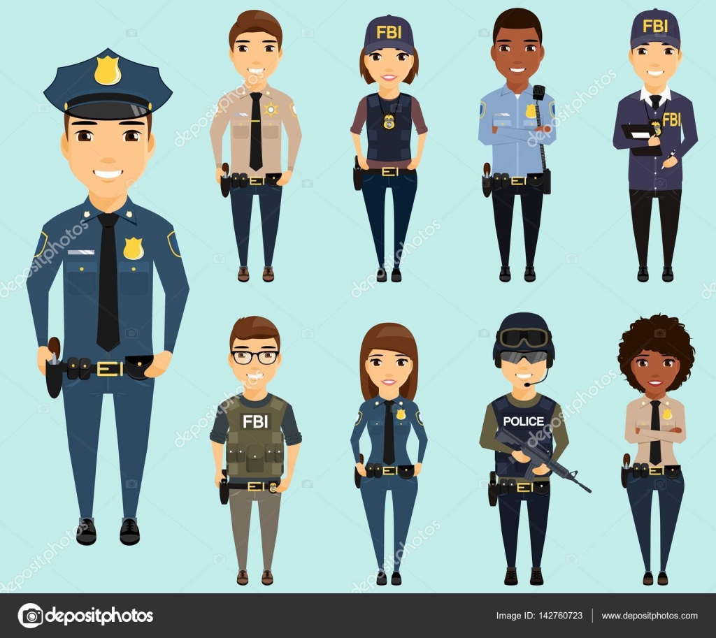 Set of different law enforcement agencies. Young boys and girls. Stock ...