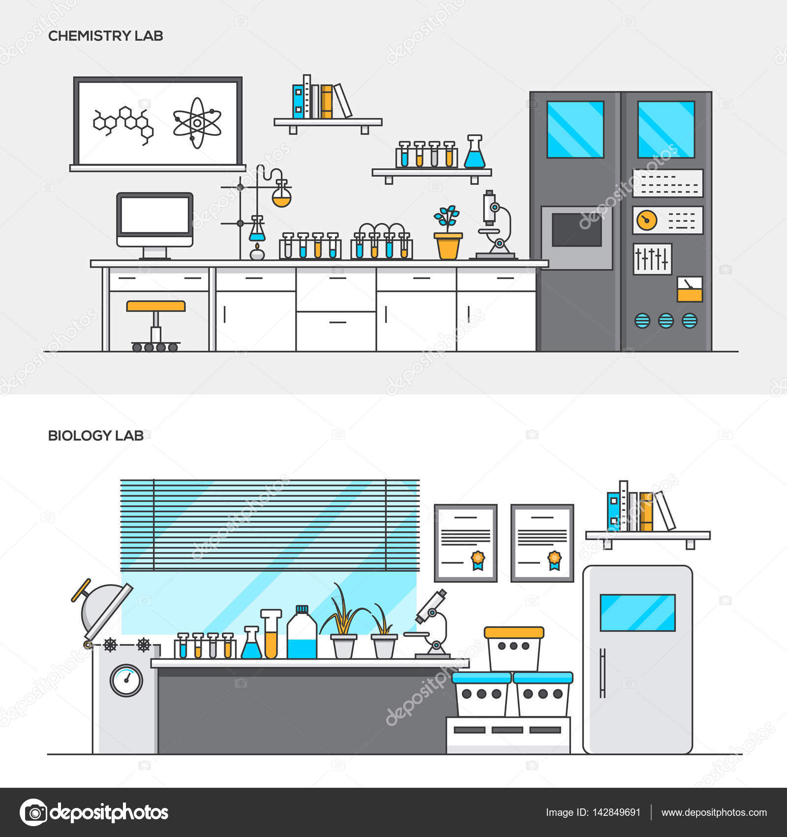 Flat line color concept- Chemistry and Biology lab — Stock Vector ... Flat line color concept- Chemistry and Biology lab — Stock Vector ...