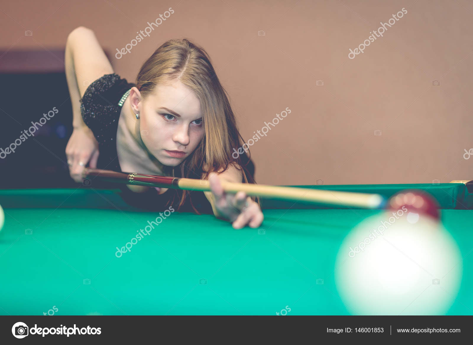 Beautiful Young Girl Playing Billiards Sexy Woman In Billiard R Stock