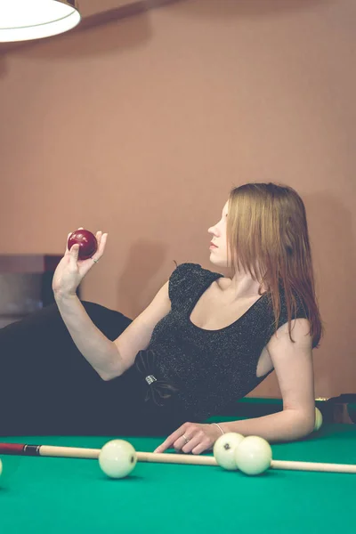 Beautiful Young Girl Playing Billiards Sexy Woman In Billiard R Stock