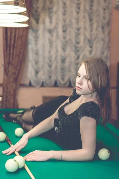 Beautiful Young Girl Playing Billiards Sexy Woman In Billiard R Stock