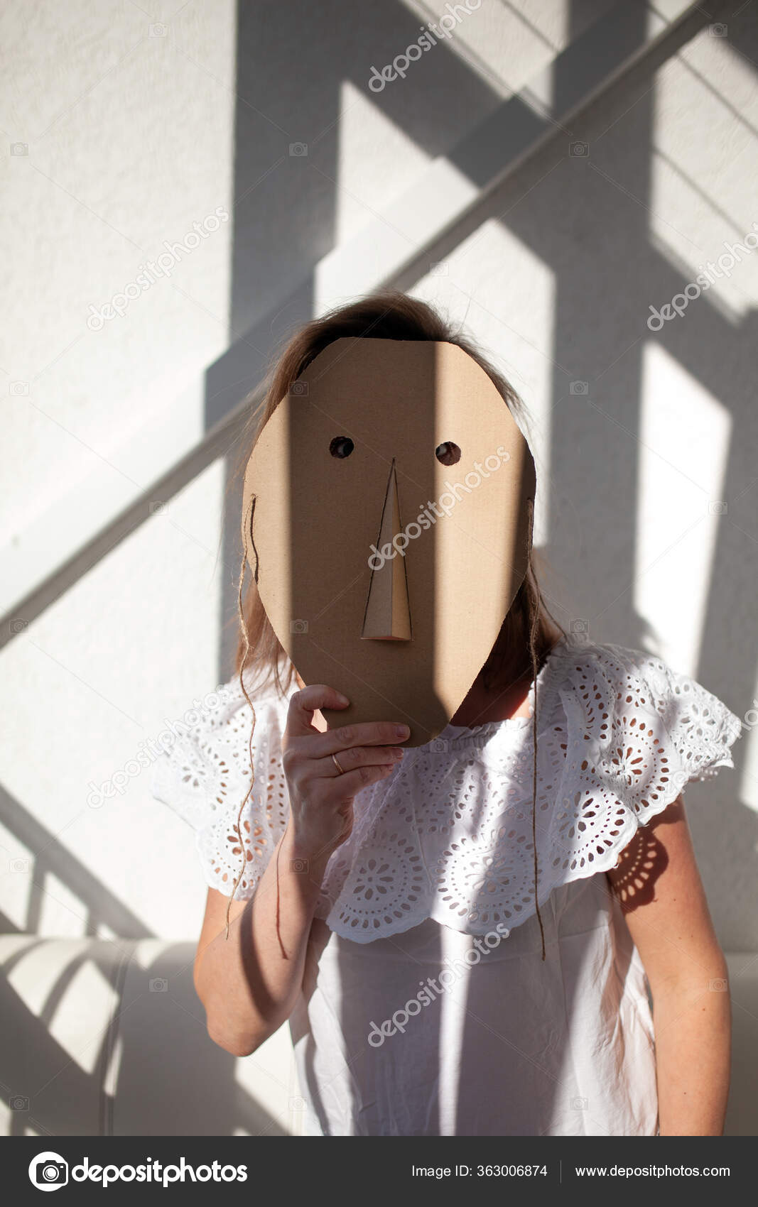 Portrait Woman Female Hides His Face Cardboard Mask Indoor — Stock ...