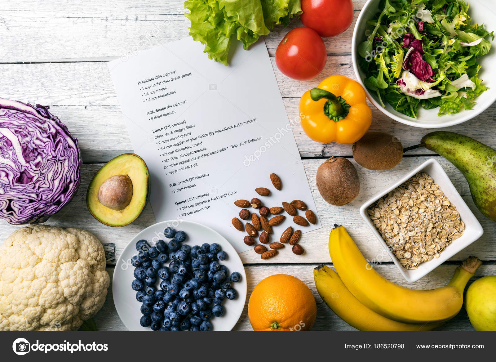 Balanced diet plan with fresh vegetables and fruits on the table Stock ...