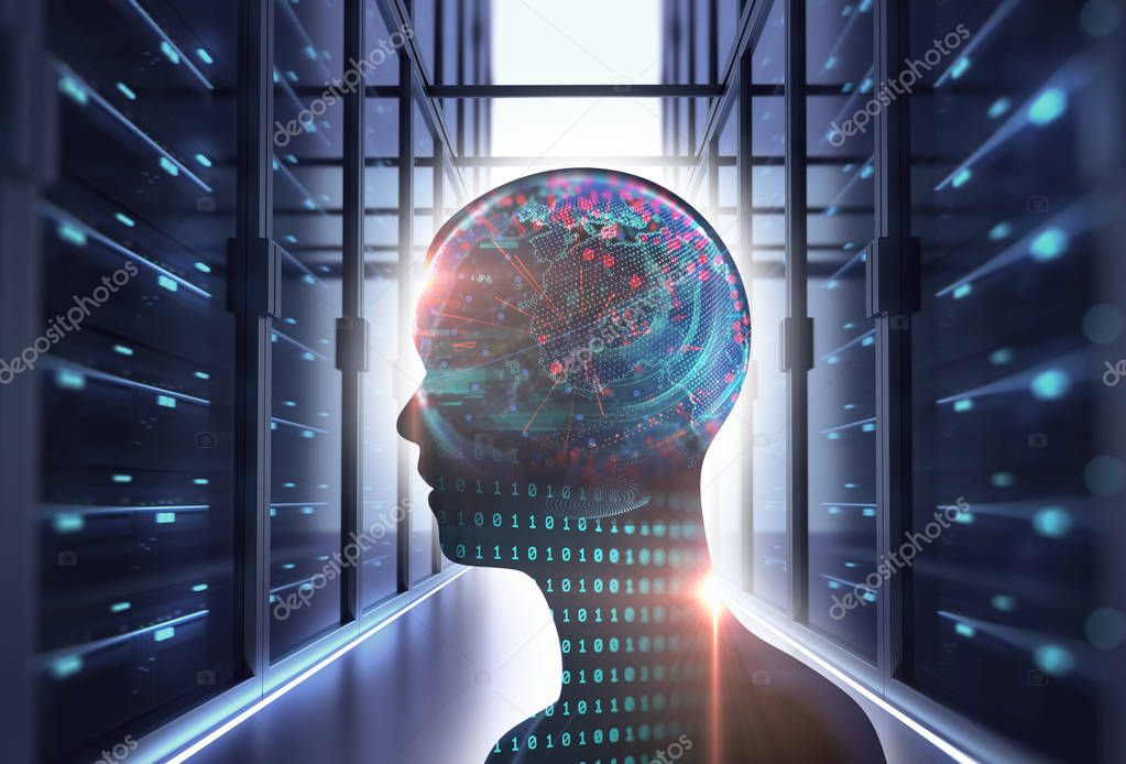 silueta humana virtual en bastidores de servidores en el centro de ...