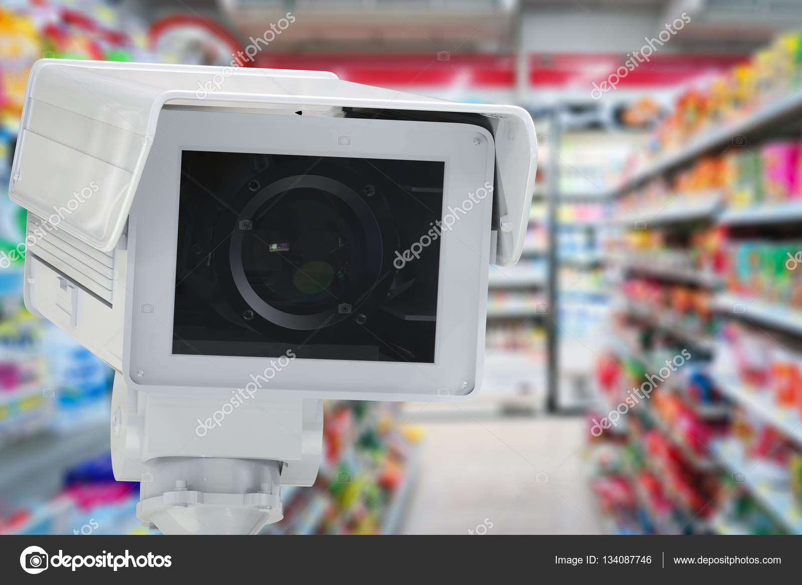 Cctv camera or security camera on retail shop blurred background Stock ...