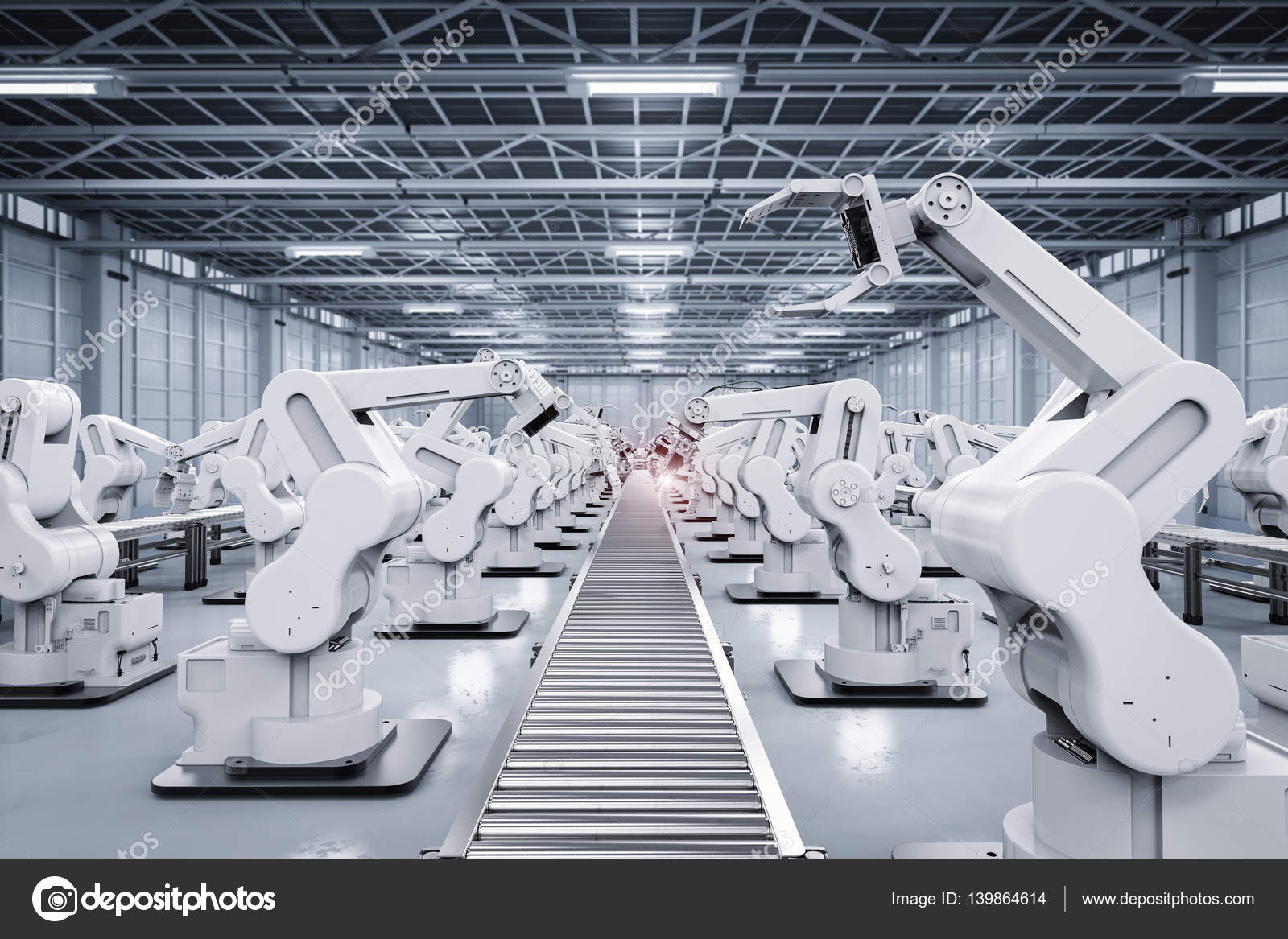 Robotic arm with conveyor line Stock Photo by ©phonlamai 139864614
