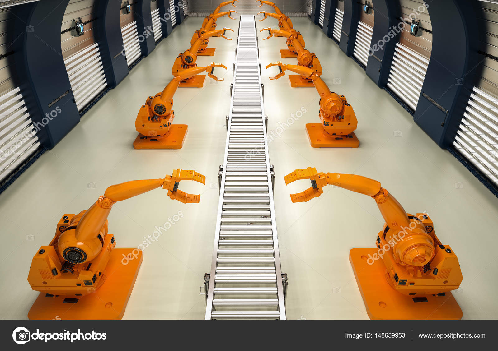 Robotic arms with conveyor line Stock Photo by ©phonlamai 148659953